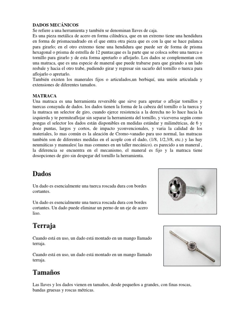 Tipos y características de dados mecánicos | PDF | Herramientas | Tornillo