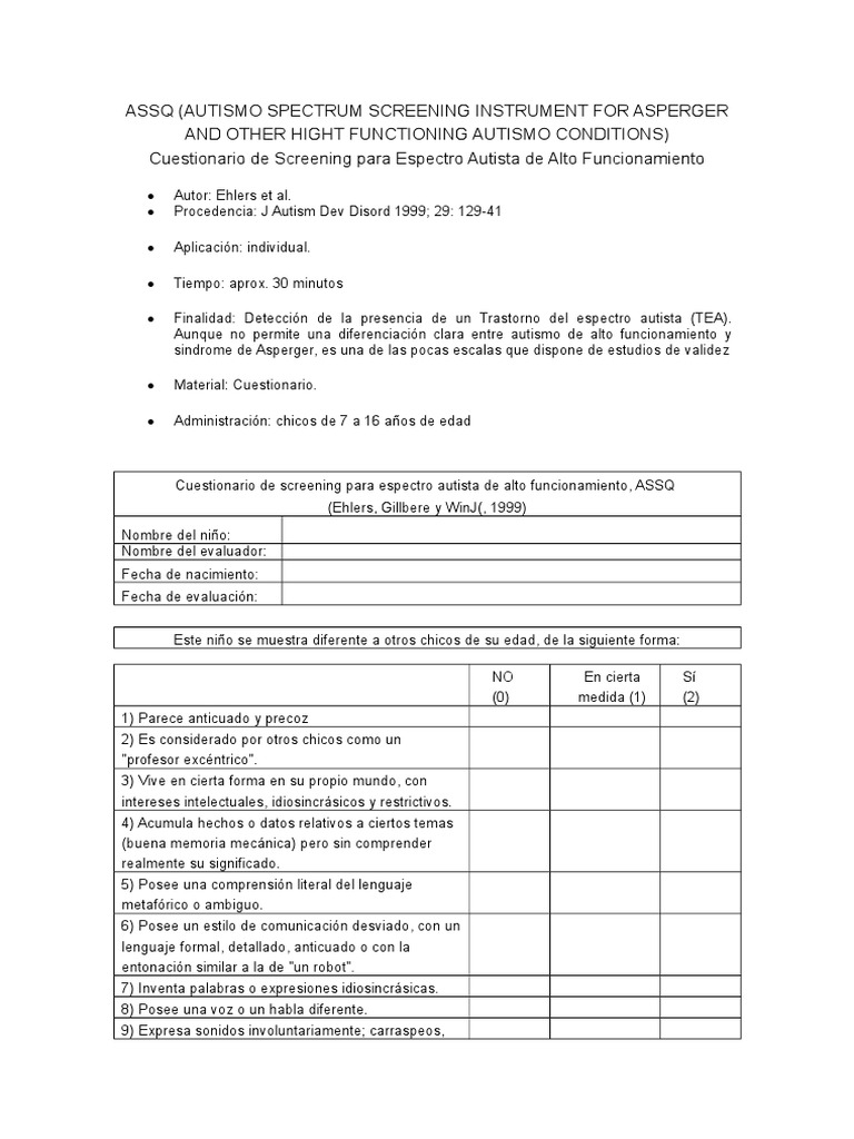 Plantilla ASSQ | PDF | Autismo | Síndrome de Asperger