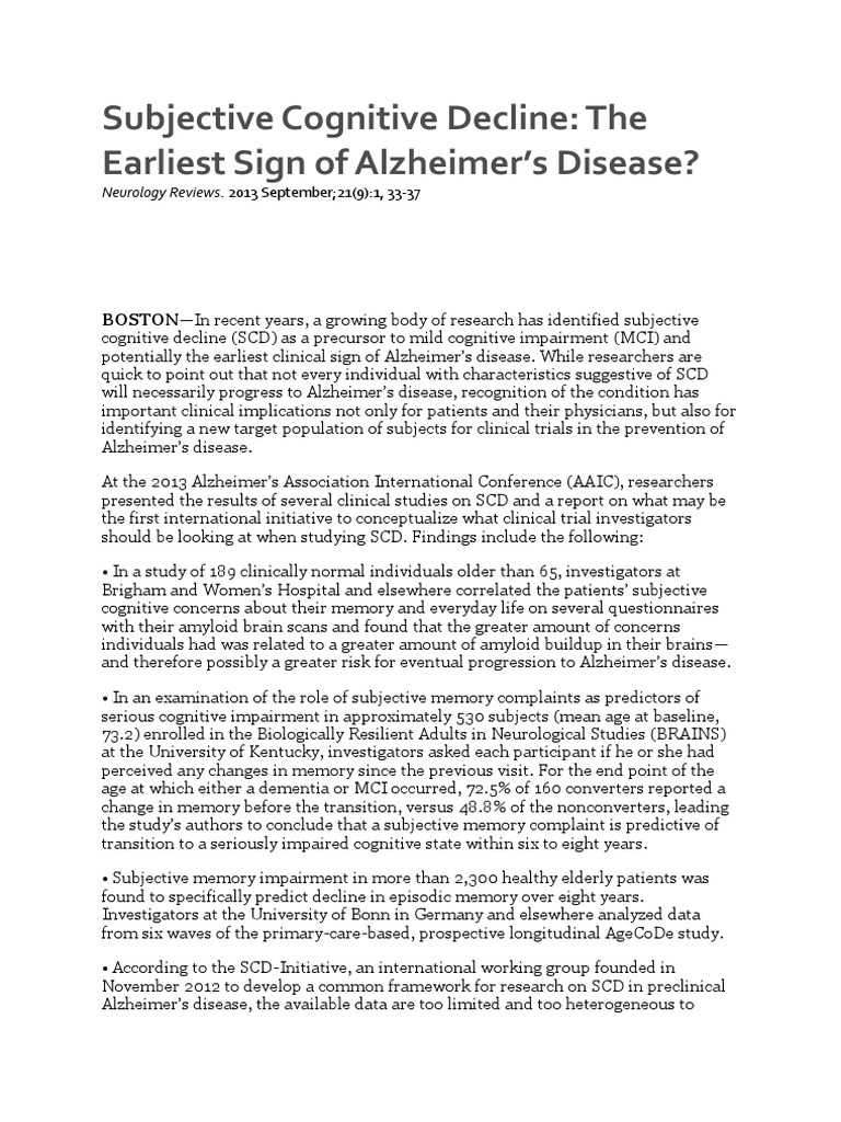 Subjective Cognitive Decline | Download Free PDF | Alzheimer's Disease ...
