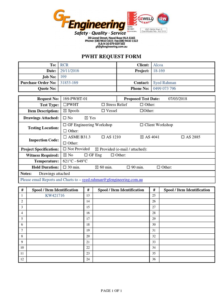 PWHT Request 169-31853 | PDF