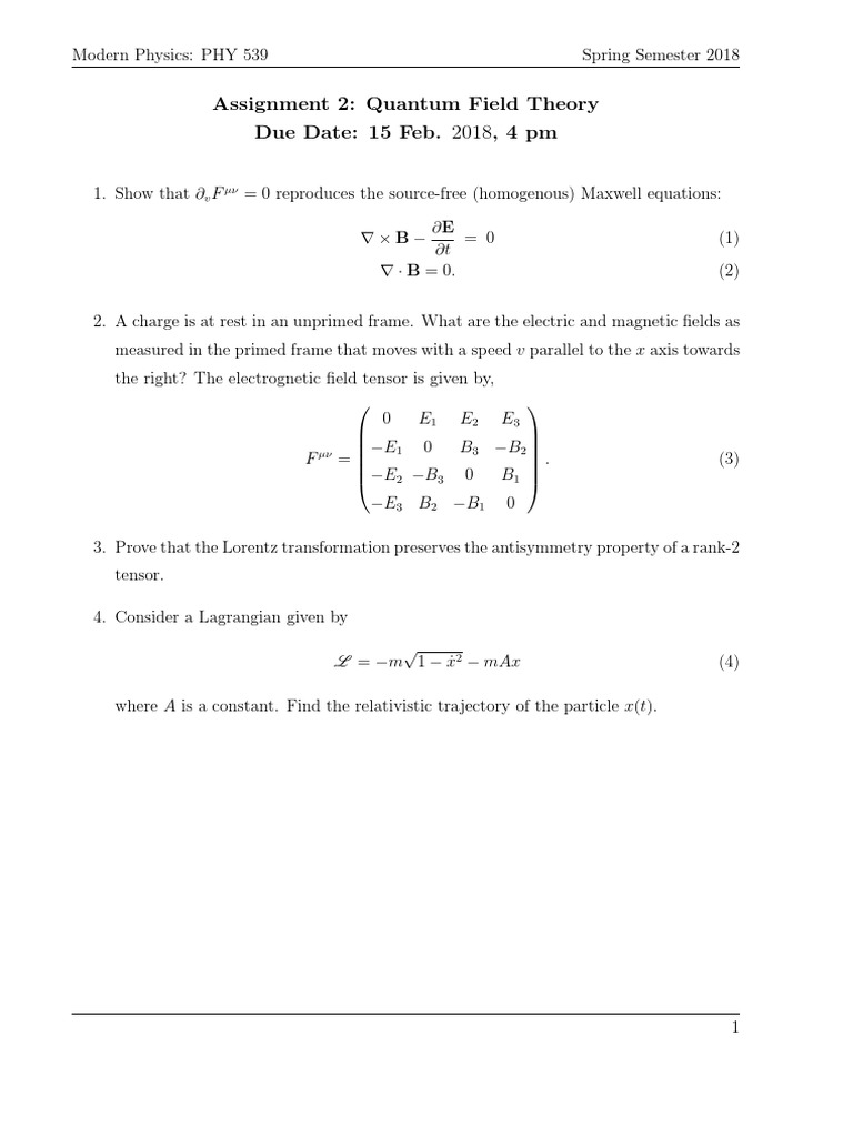 Assignment 2: Quantum Field Theory Due Date: 15 Feb. 2018, 4 PM | PDF