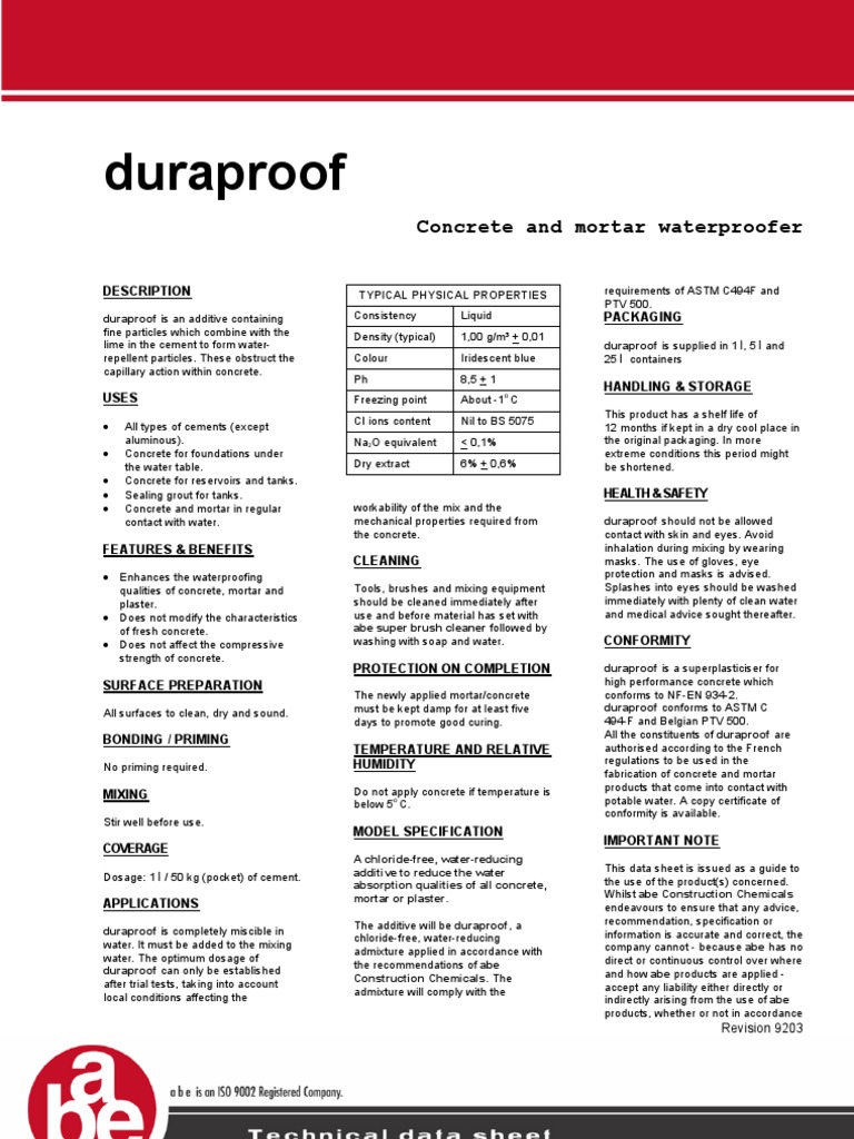 Duraproof | PDF | Mortar (Masonry) | Concrete