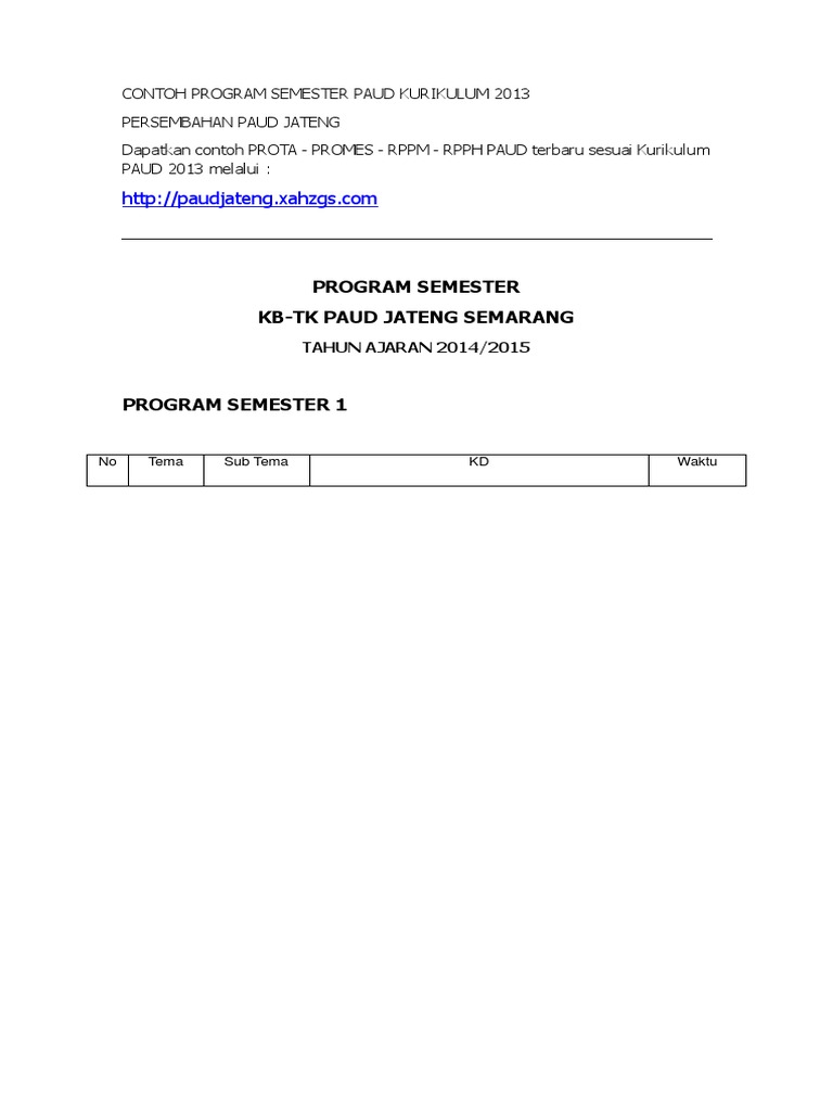 Contoh Program Semester PAUD Kurikulum 2013 | PDF | Karier & Perkembangan
