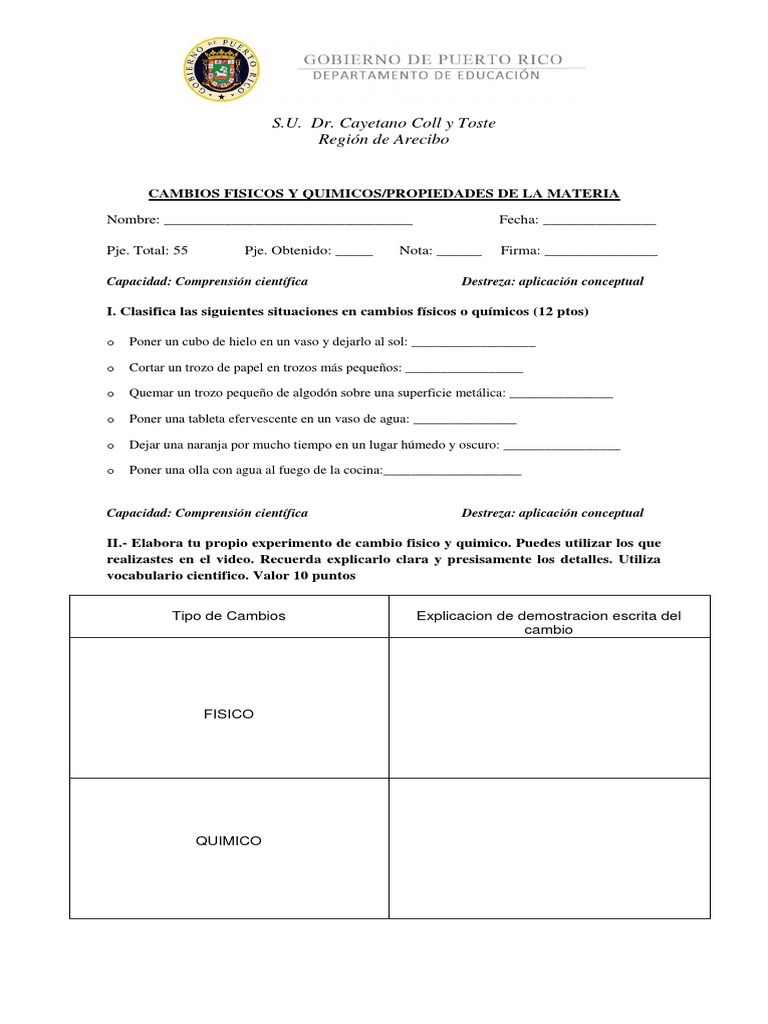 Examen 8vo Cambios Fisicos y Quimicos | PDF | Importar | Agua