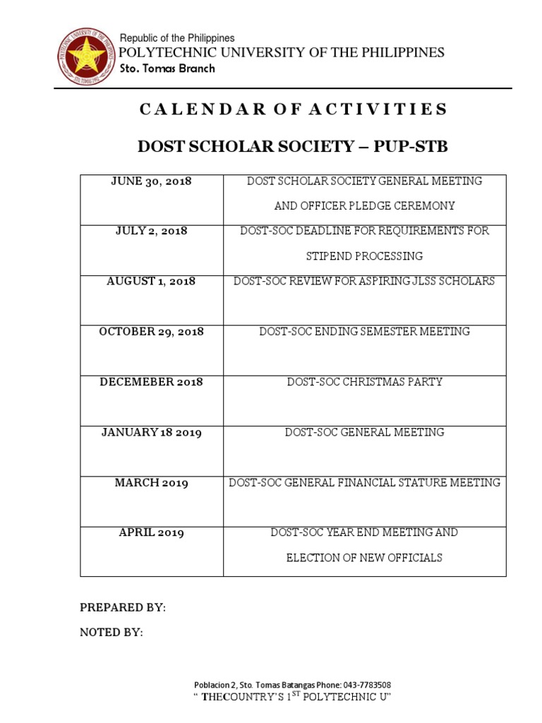 Calendar of Activities Dost Scholar Society - Pup-Stb: Polytechnic ...