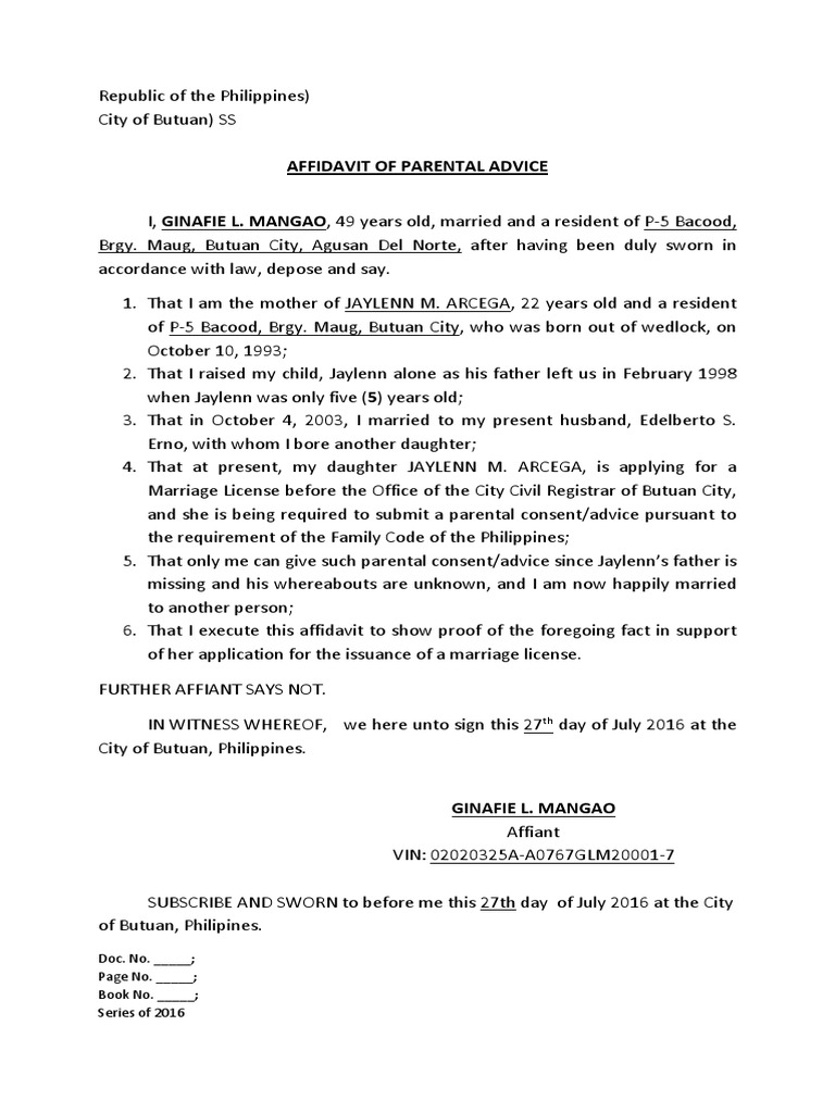 Affidavit of Parental Advice.docx | Affidavit | Living Arrangements