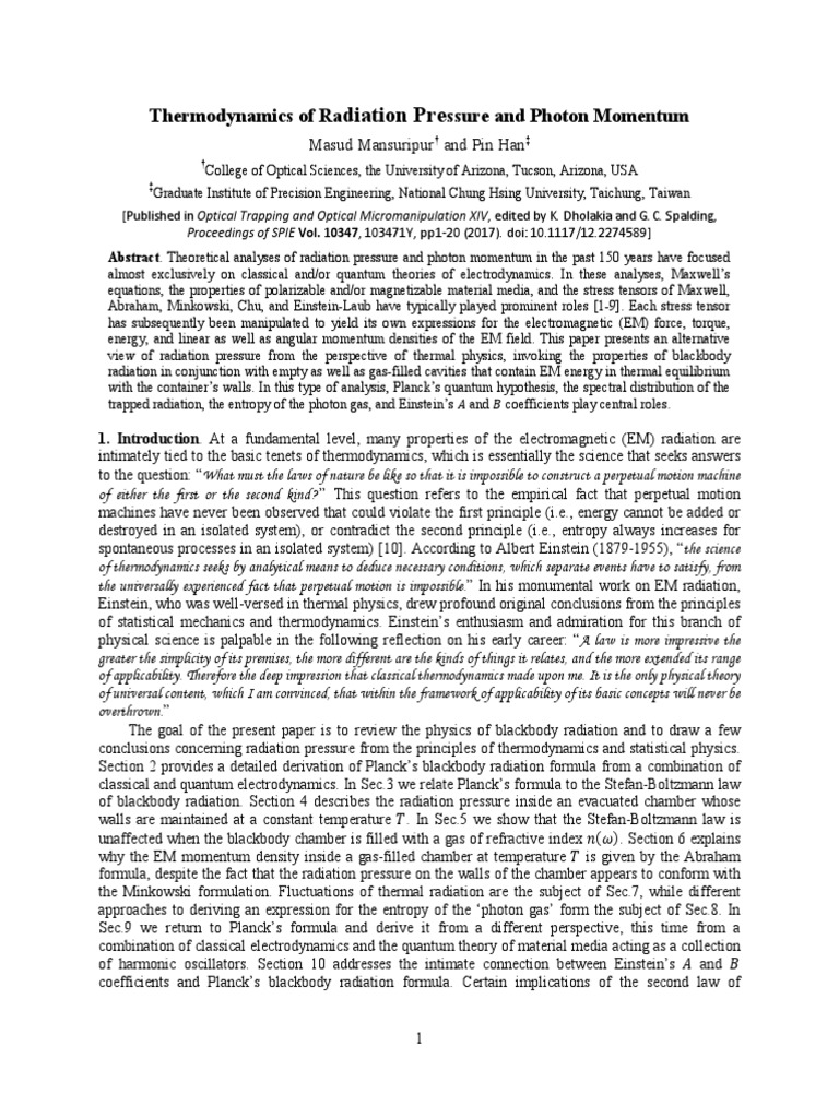 Thermodynamics of Radiation Pressure and Photon Momentum | PDF ...