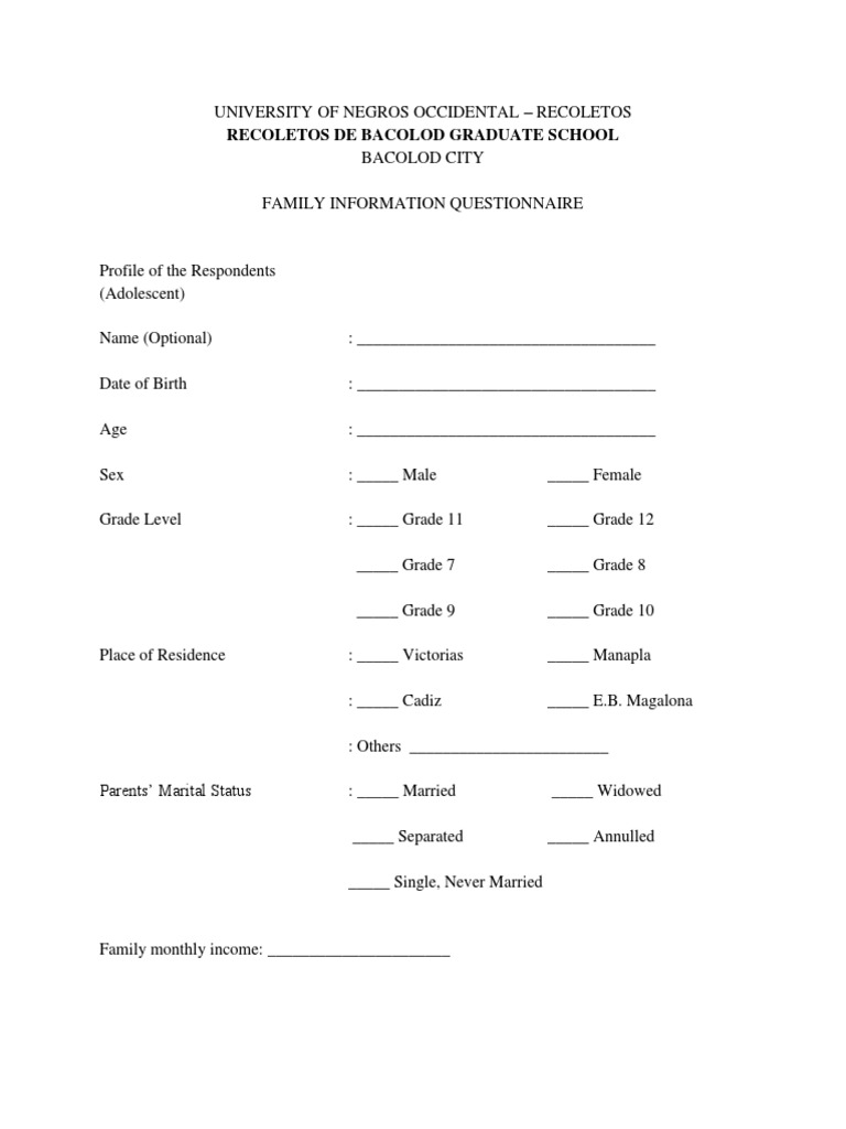 Family Information Questionnaire for Adolescents | PDF