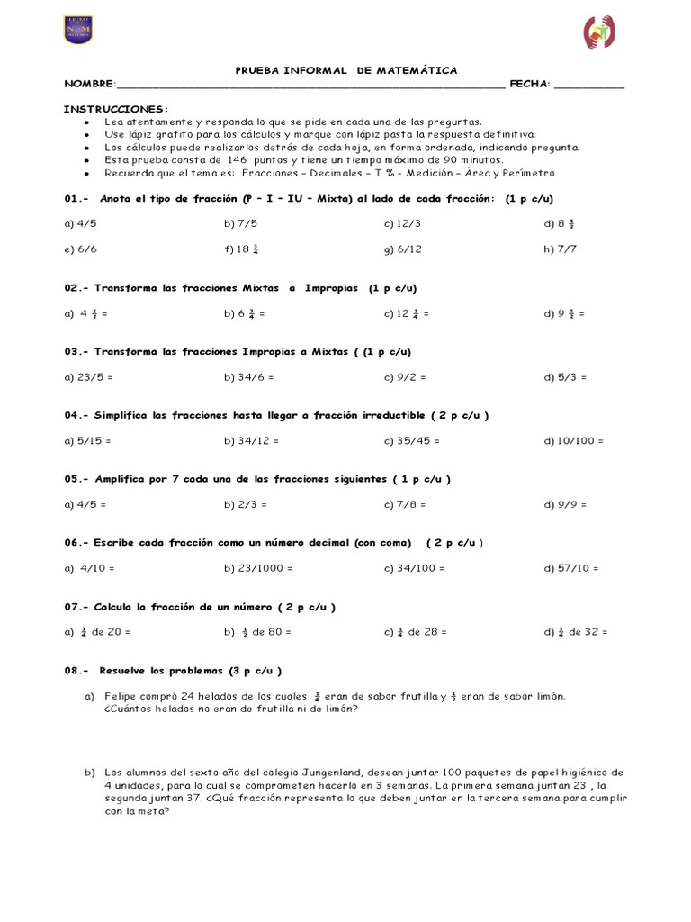 Prueba Matematica 1 y 2 Medio | PDF | Fracción (Matemáticas) | Notación
