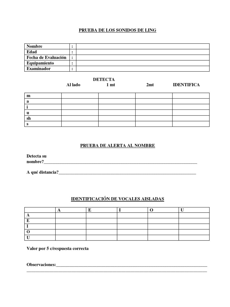 Prueba de Los Sonidos de Ling, Alerta Al Nombre e Identificacion Vocales Aisladas | PDF