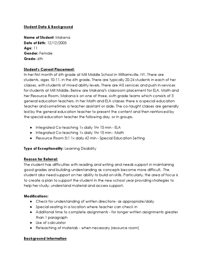 Student Profile Final - Efolio | PDF | Special Education | Reading ...