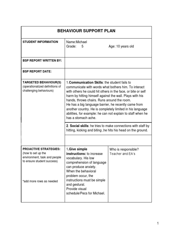 Behaviour Support Plan for Michael | PDF | English As A Second Or ...