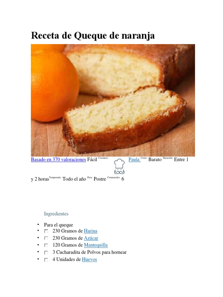 Receta de Queque de Naranja | PDF | Postres | Alimentos
