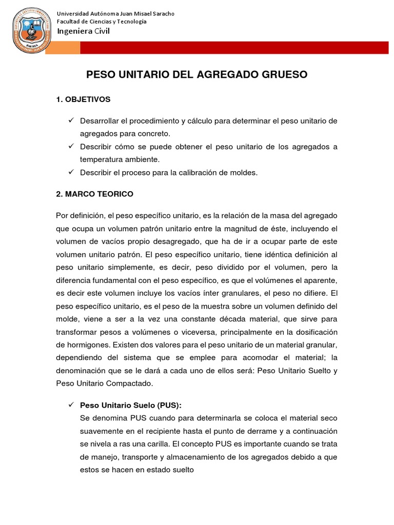 Peso Unitario del Agregado Grueso en Concreto | PDF | Volumen | Ingeniería