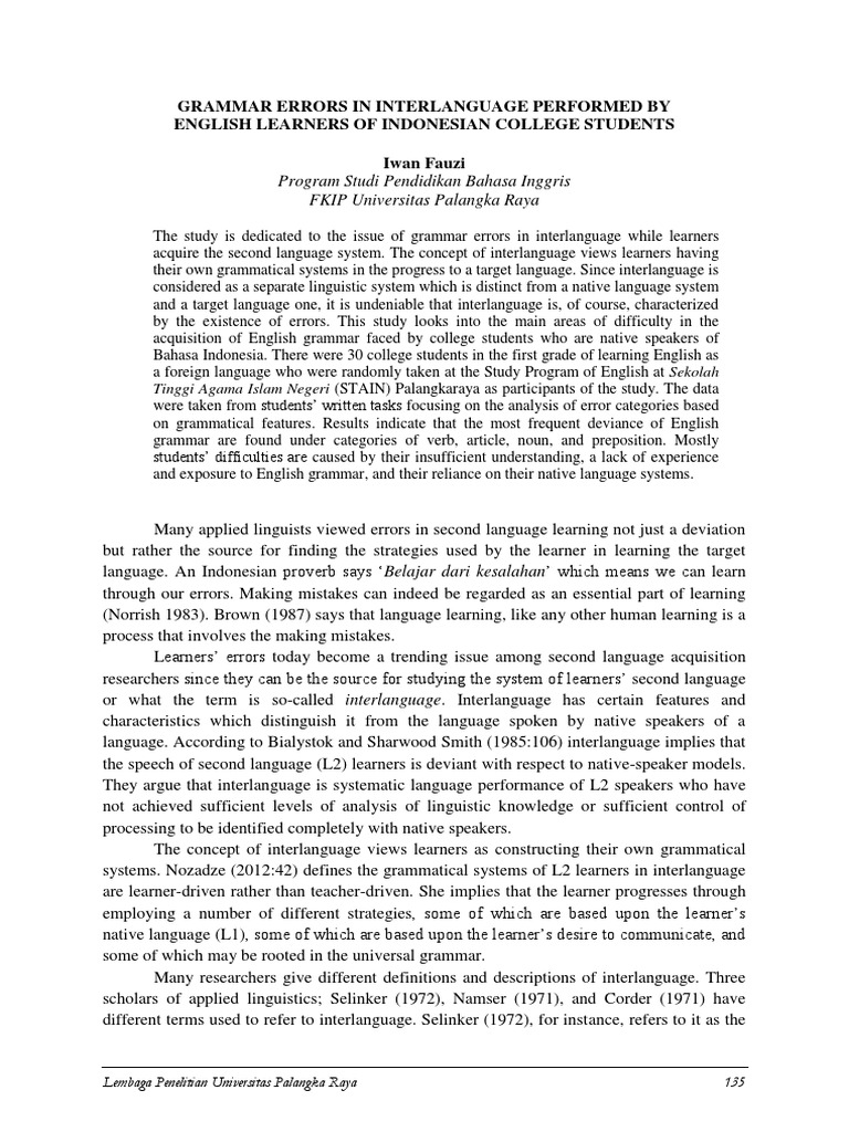 Grammar Errors in Interlanguage Performed by English Learners of ...