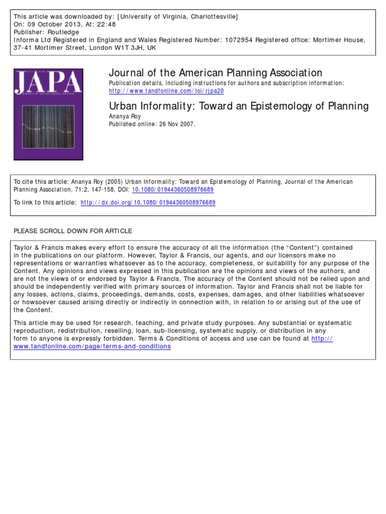 Roy - Urban Informality Toward An Epistemology of Planning | PDF | City ...