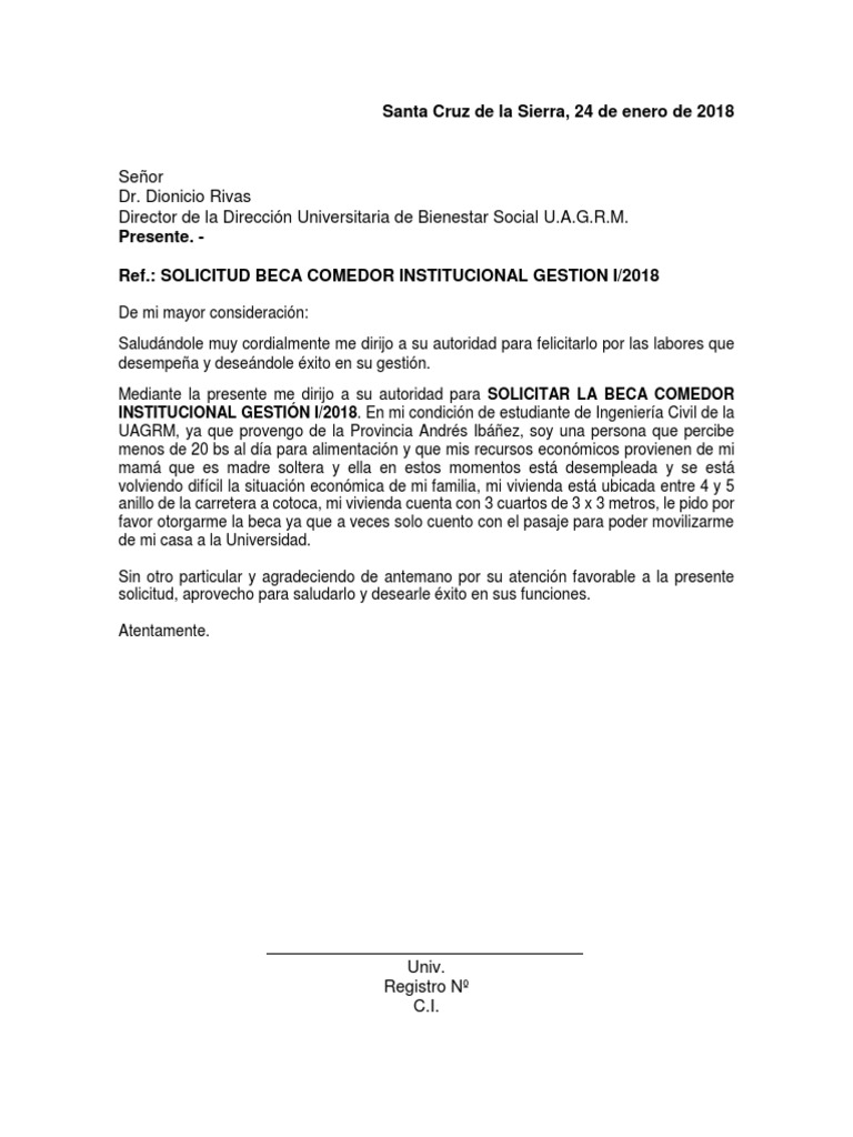 Modelo de Carta Beca Comedor Institucional DUBS | PDF