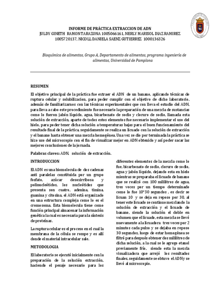 Informe de Práctica Extraccion de Adn | PDF | Adn | Biología Celular)
