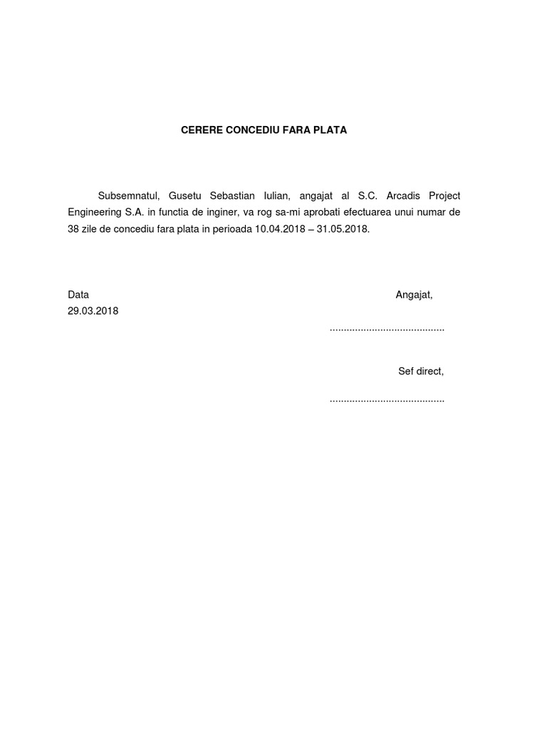 Model Cerere Concediu Fara Plata