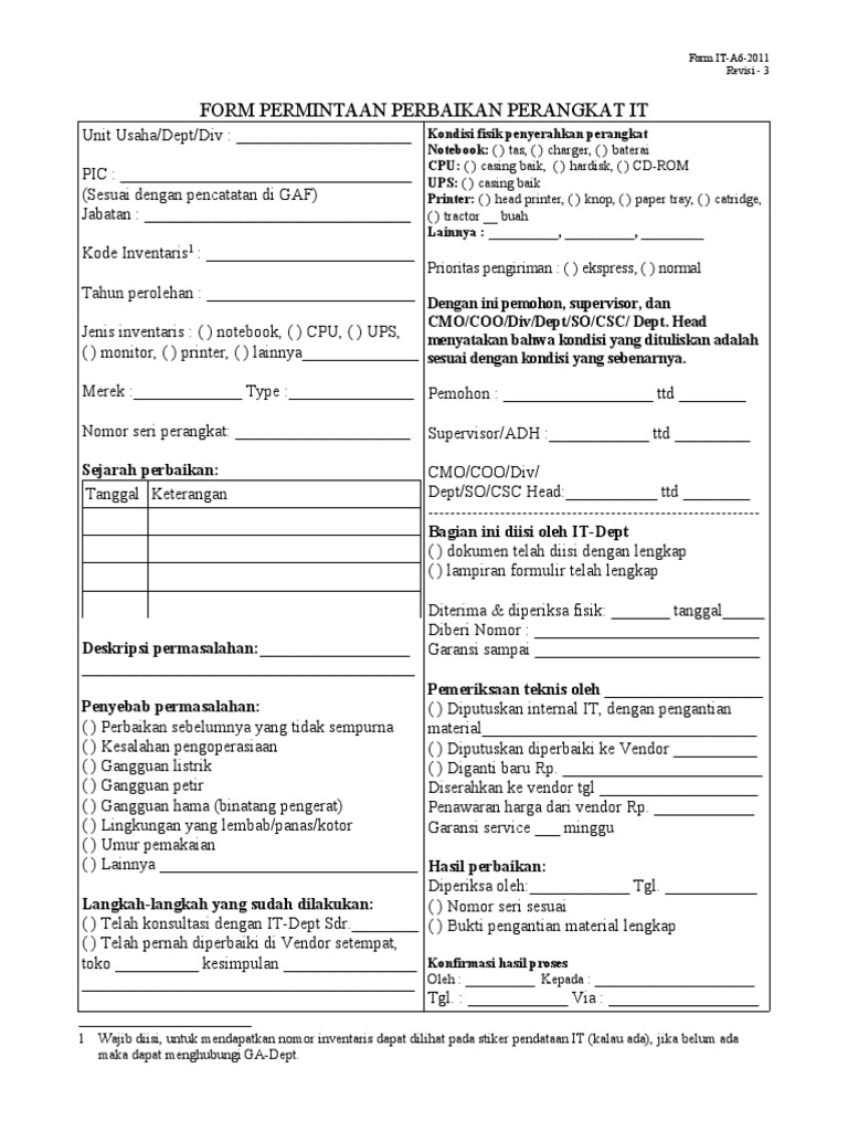 IT A6 2011 Form Permintaan Perbaikan Perangkat IT Form | PDF | Komputer