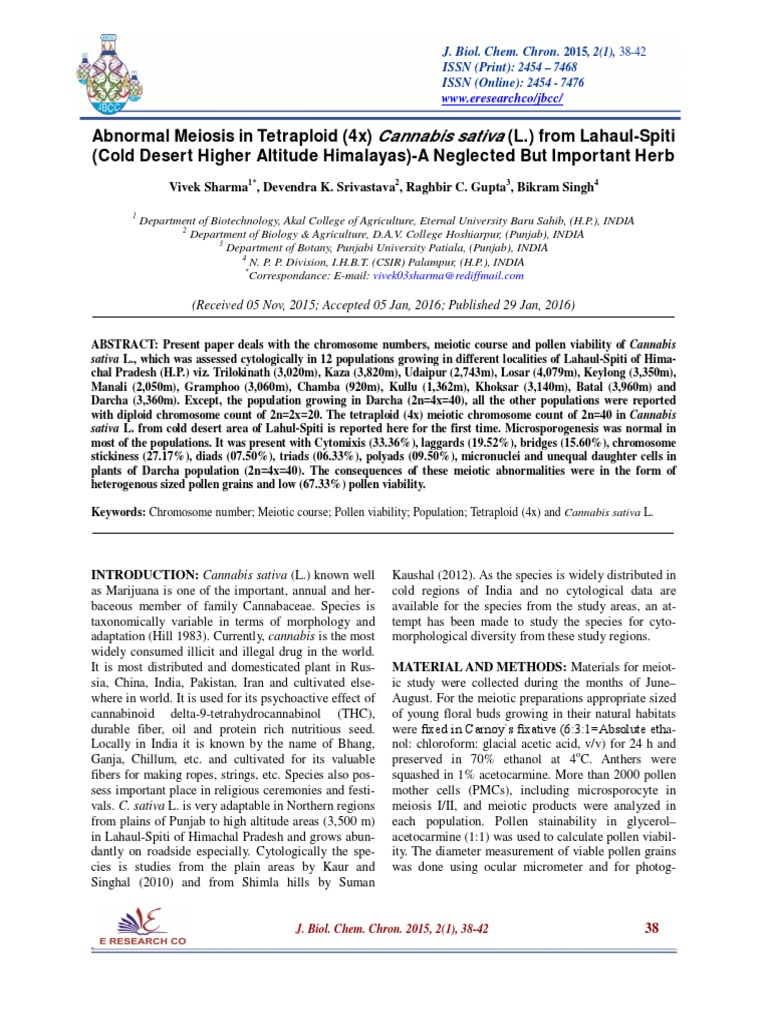 Abnormal Meiosis in Tetraploid (4x) Cannabis Sativa (L.) From Lahaul ...