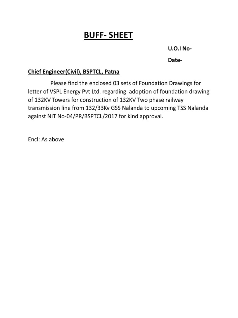 Buff-Sheet: U.O.I No - Date - Chief Engineer (Civil), BSPTCL, Patna | PDF