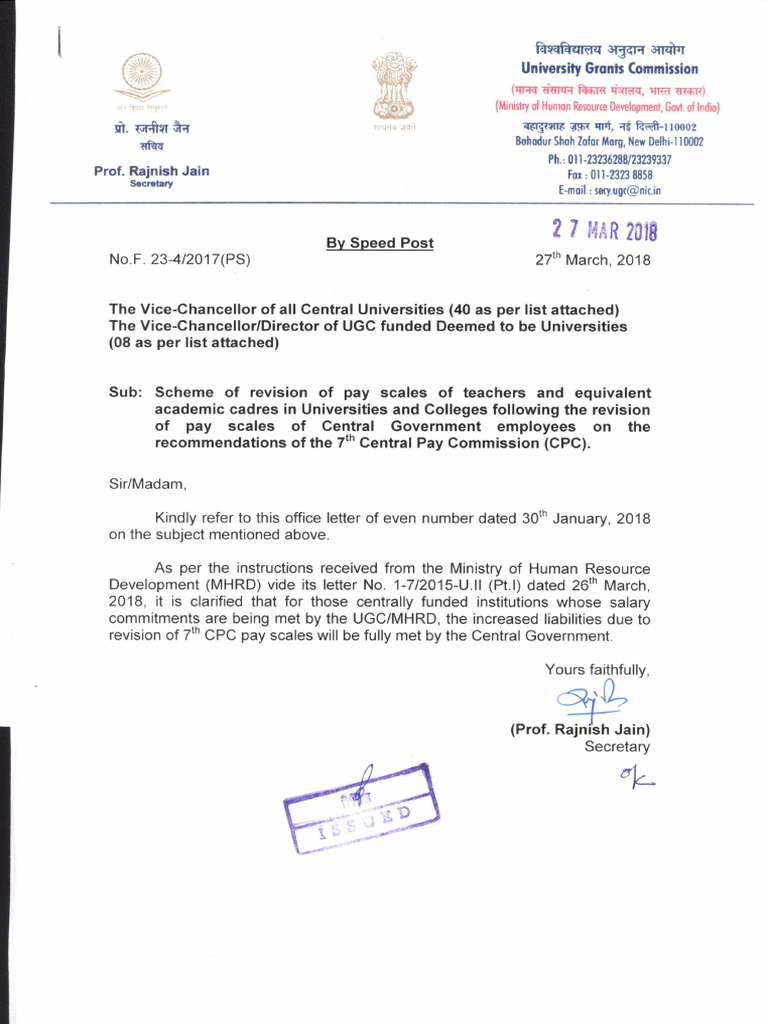 UGC Letter PayscaleRevision | PDF | Universities And Colleges | Government Related Organizations