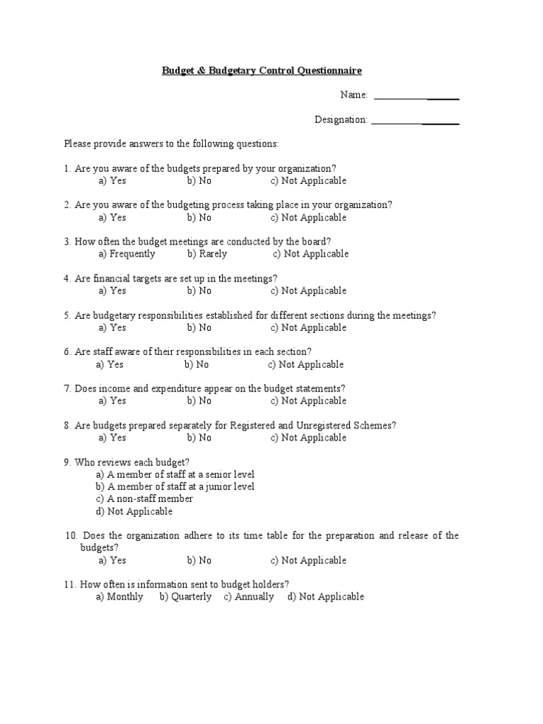 Budget and Control Questionnaire | PDF | Budget | Budgets And Budgeting