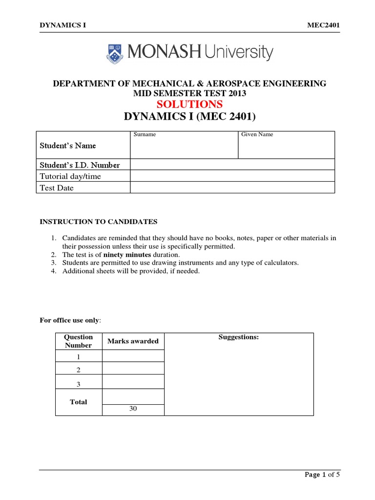 Dynamics I Test Solutions | PDF | Velocity | Acceleration