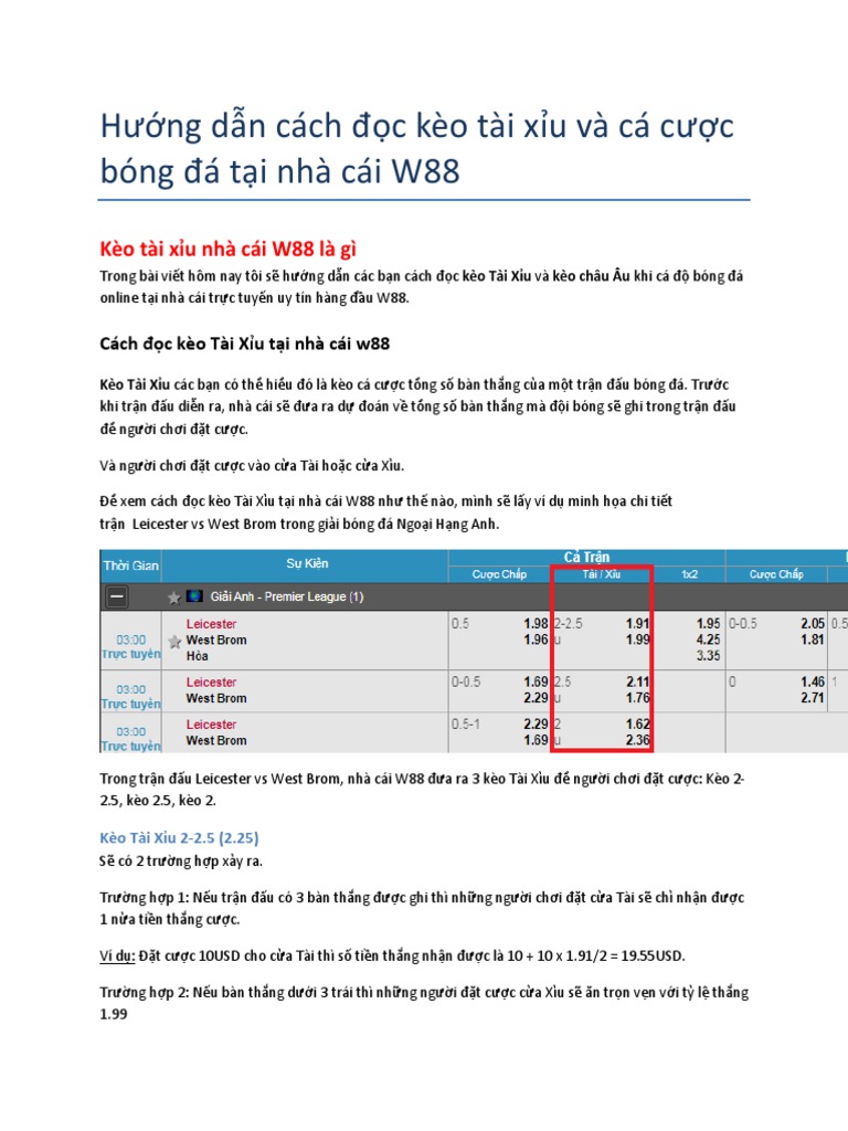 M88 Ca Cuoc - Huong Dan Cach Doc Keo Tai Xiu Va CA Cuoc Bong Da Tai Nha Cai W88 | PDF