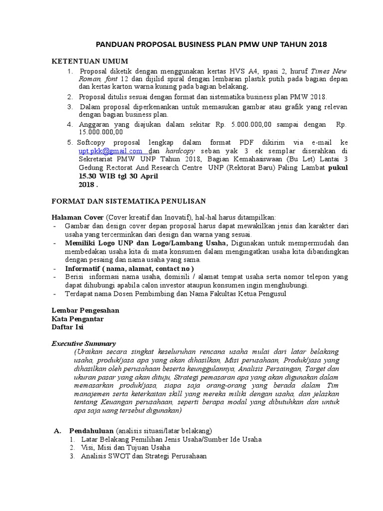 Panduan Proposal Business Plan PMW Unp Tahun 2018-1 | PDF