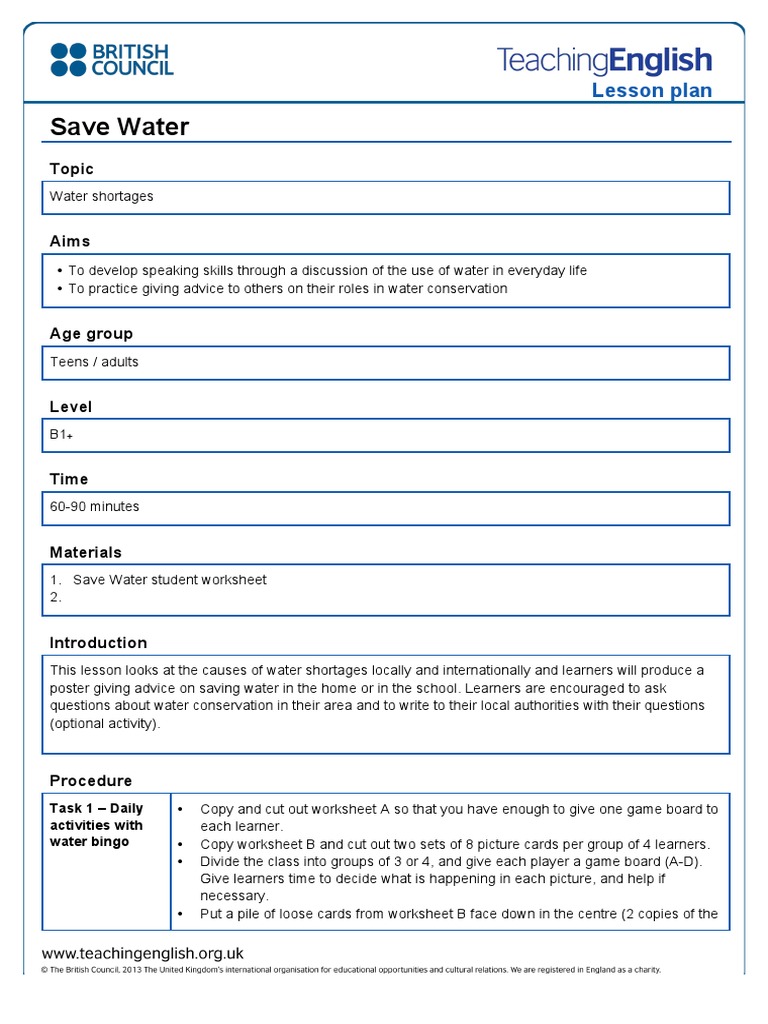 Save Water Lesson Plan | PDF | Lesson Plan | Question
