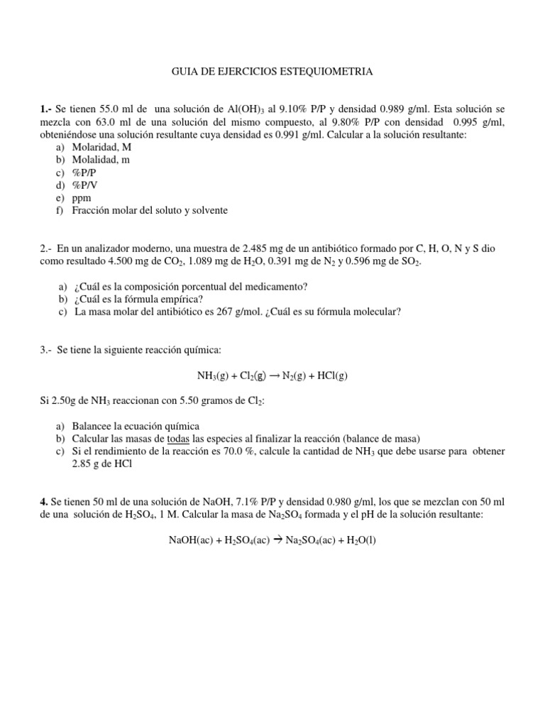1.guia de Ejercicios Estequimetria | PDF | Gases | Concentración