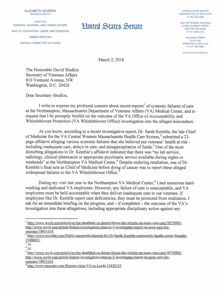 Elizabeth Warren Letter To VA | PDF | United States Department Of ...