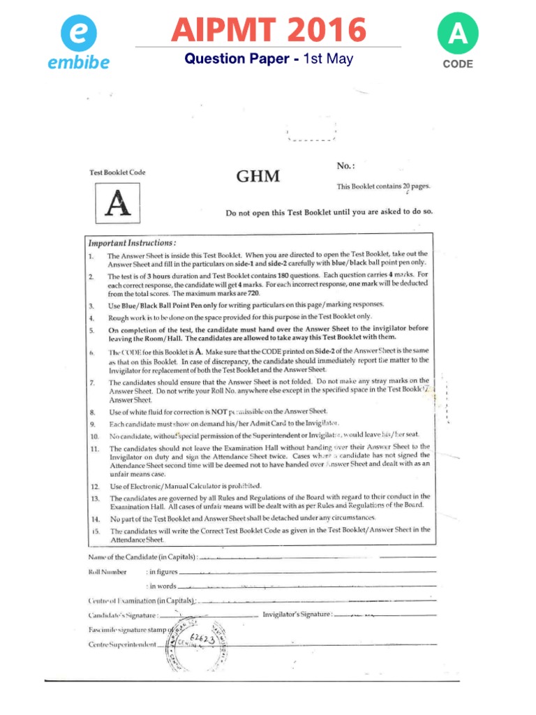 AIPMT 2016 Question Paper Code A | PDF