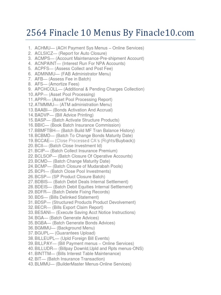 2564 Finacle 10 Menus by Finacle10 | PDF | Credit Card | Deposit Account