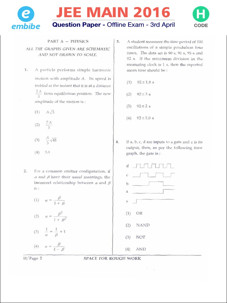 JEE Main 2016 Question Paper H2 | PDF