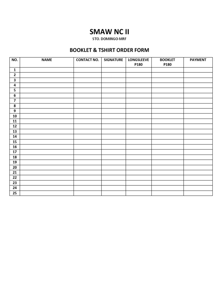 Smaw NC Ii: Booklet & Tshirt Order Form | PDF