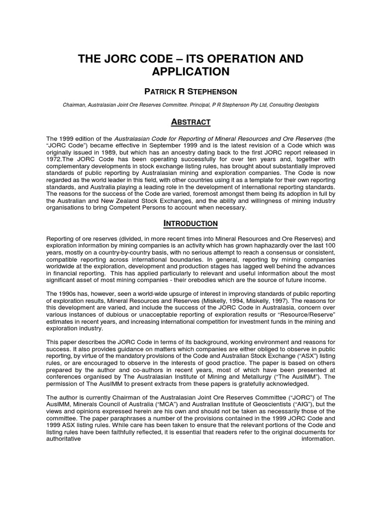 The JORC Code - Patrick Stephenson | PDF | Mineralogy | Economic Geology