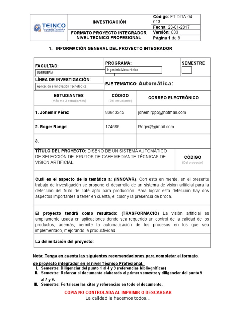 Ejemplo de Como Llenar El Formato Del Proyecto Integrador | PDF | café ...