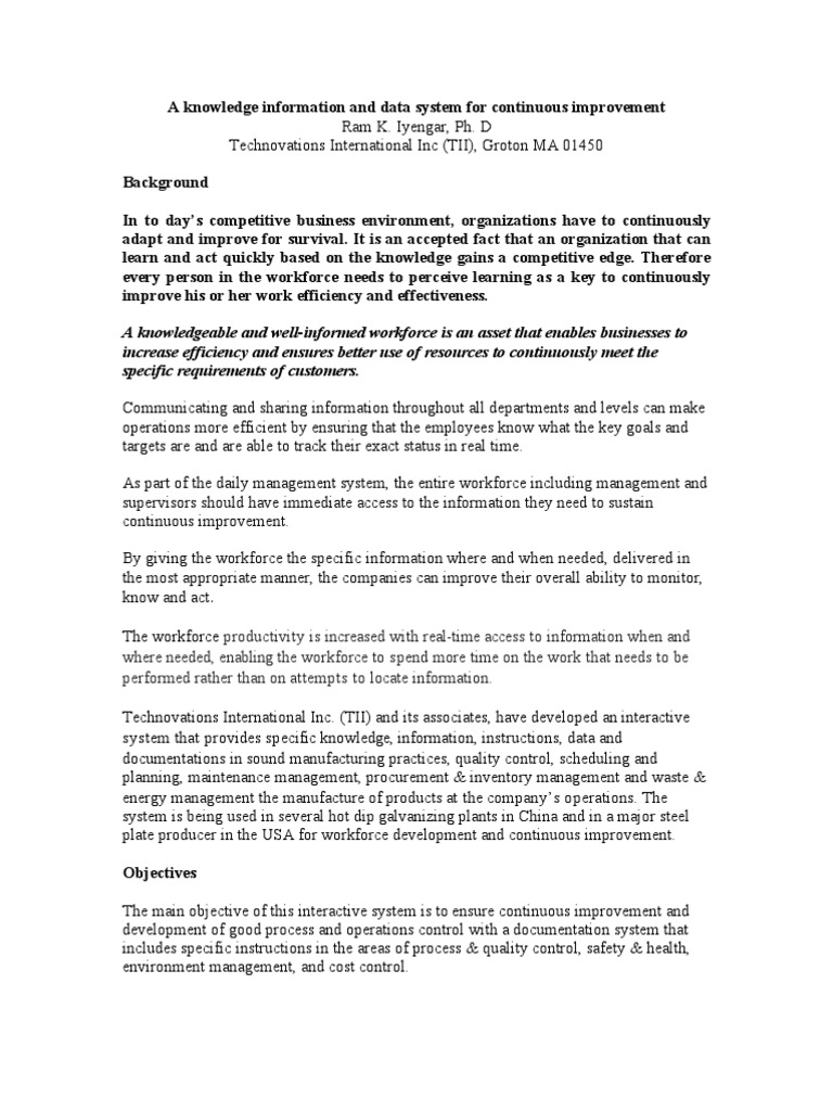 Continuous Improvement Knowledge System Pdf Simulation Information