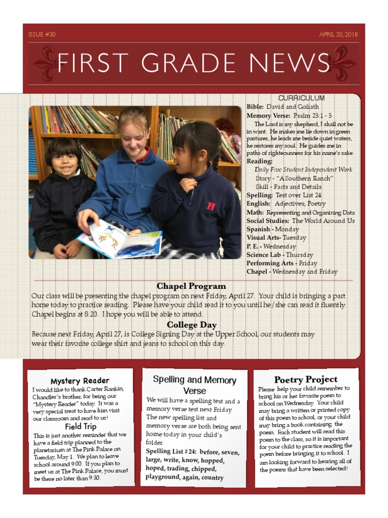 First Grade Weekly Update: Events & Curriculum | PDF | Poetry