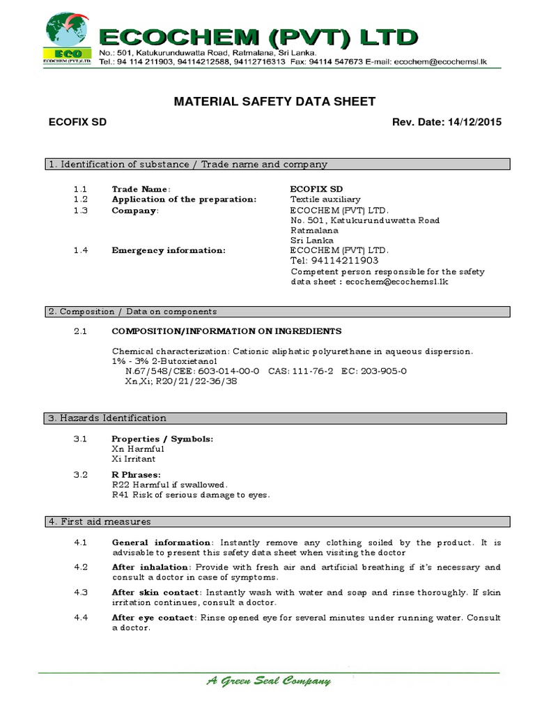 Safety Data Sheet for ECOFIX SD Textile Auxiliary: Hazards, Exposure ...
