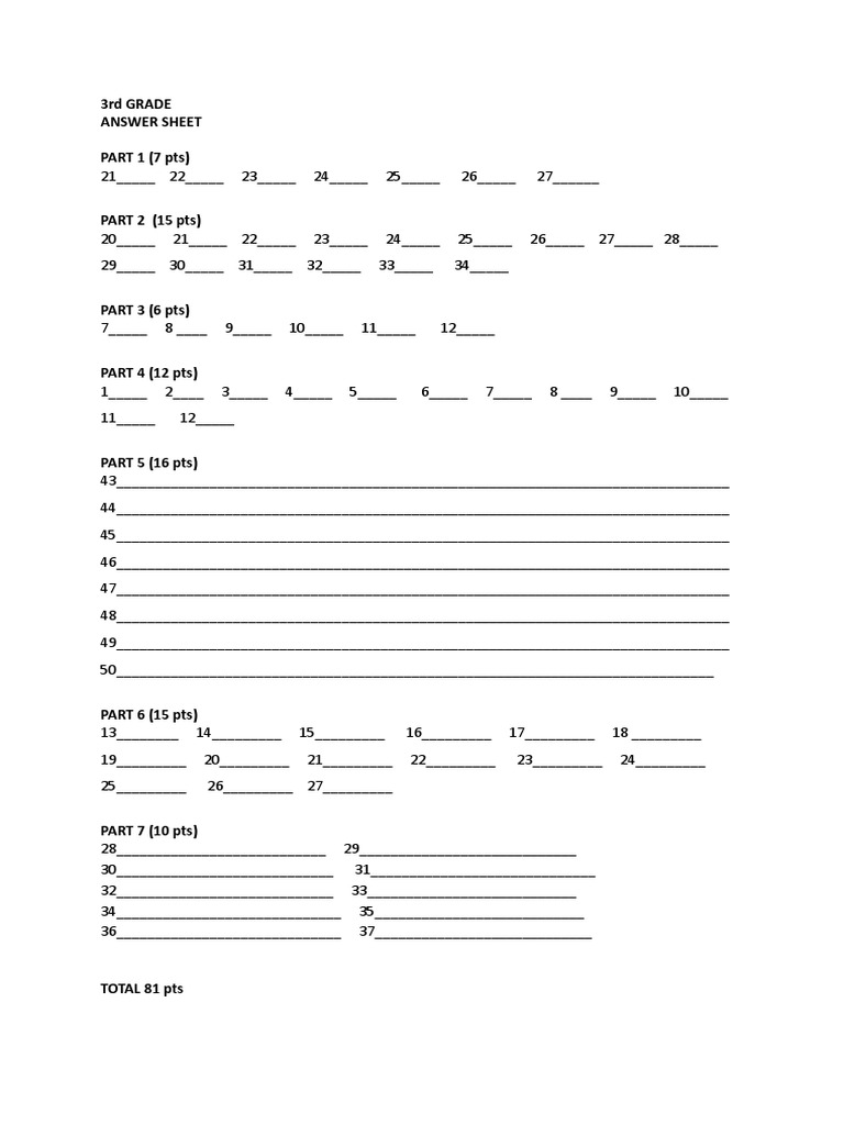 3rd GRADE Answer Sheet PART 1 (7 PTS) | PDF
