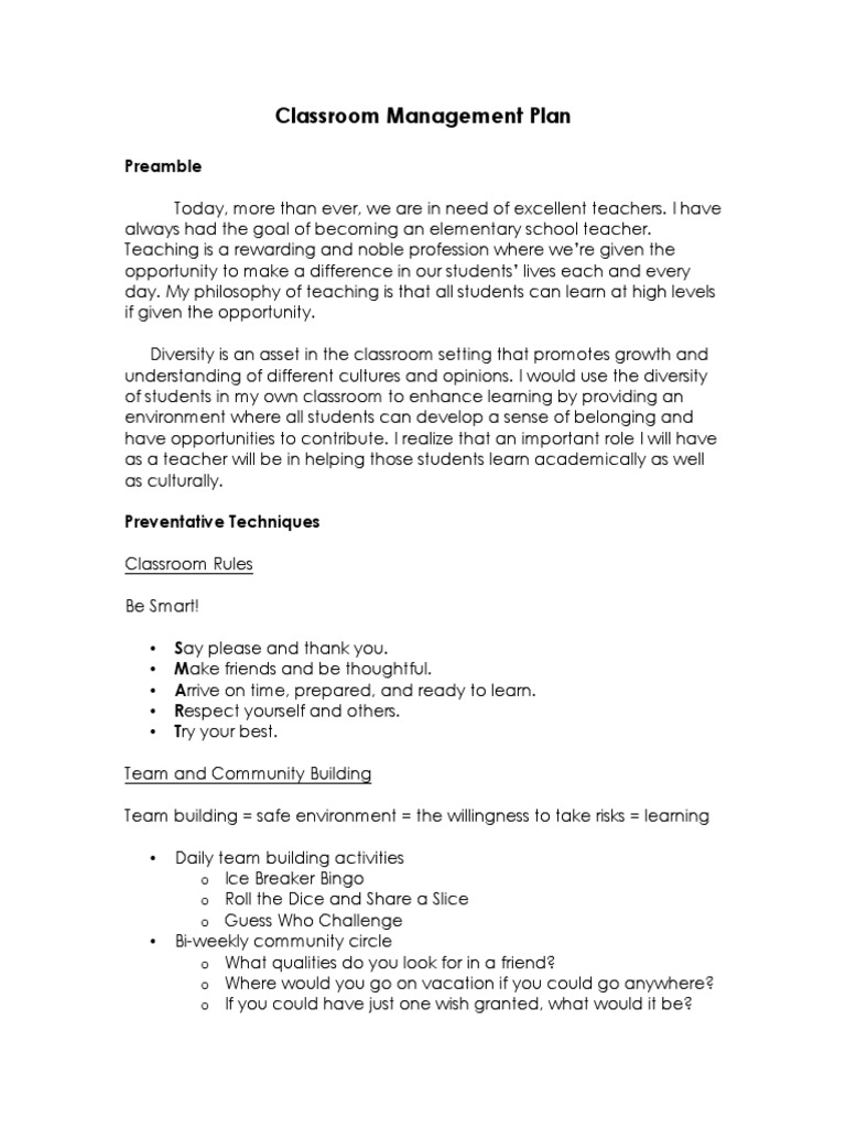 Classroom Management Plan | PDF | Classroom | Teachers