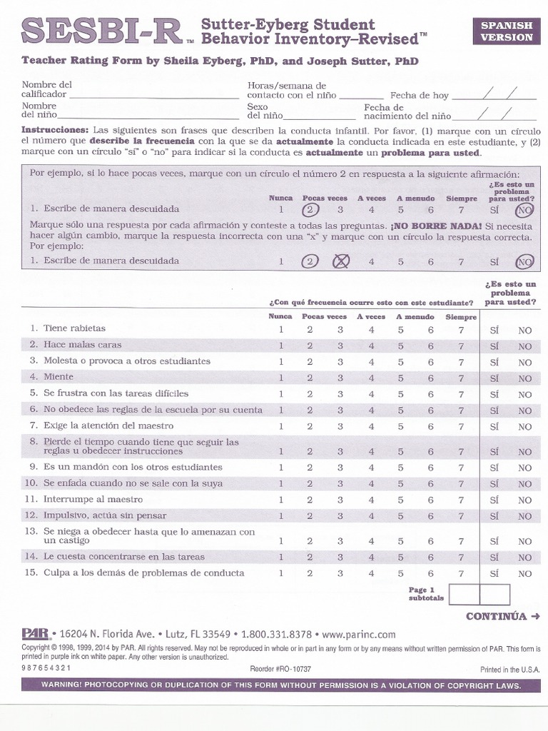 Sutter-Eyberg Student Behaviour Inventory | PDF