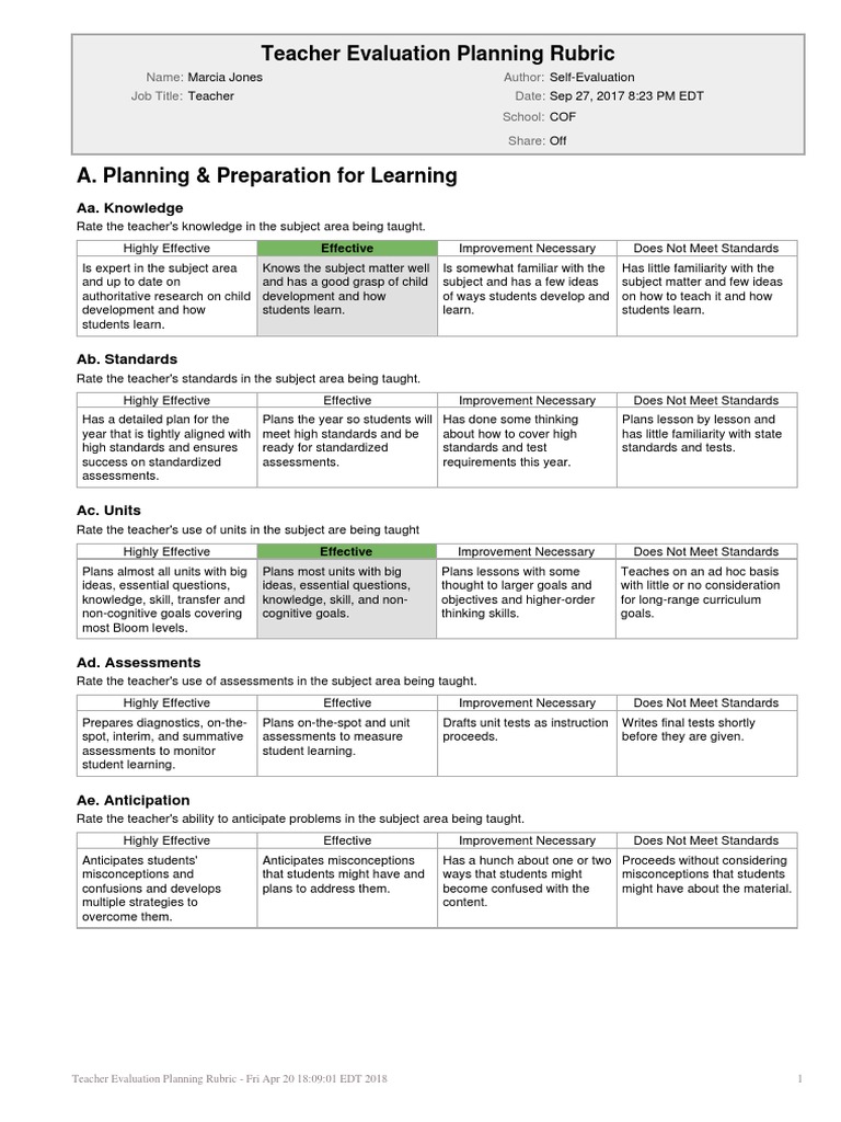 2018 Teacher Evaluation Rubric | PDF | Educational Assessment | Rubric ...