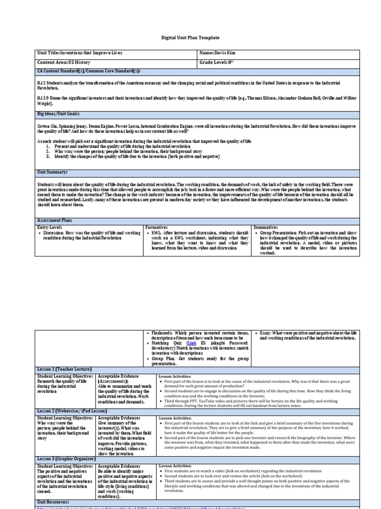 Digital Unit Plan Template Unit Title: Inventions That Improve Lives ...