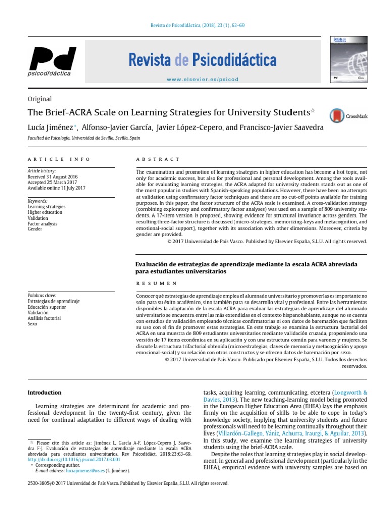The Brief-ACRA Scale On Learning Strategies For University Students ...