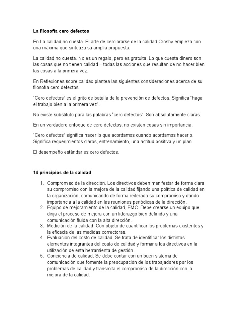 Filosofía Cero Defectos: 14 Principios | PDF | Calidad (comercial ...